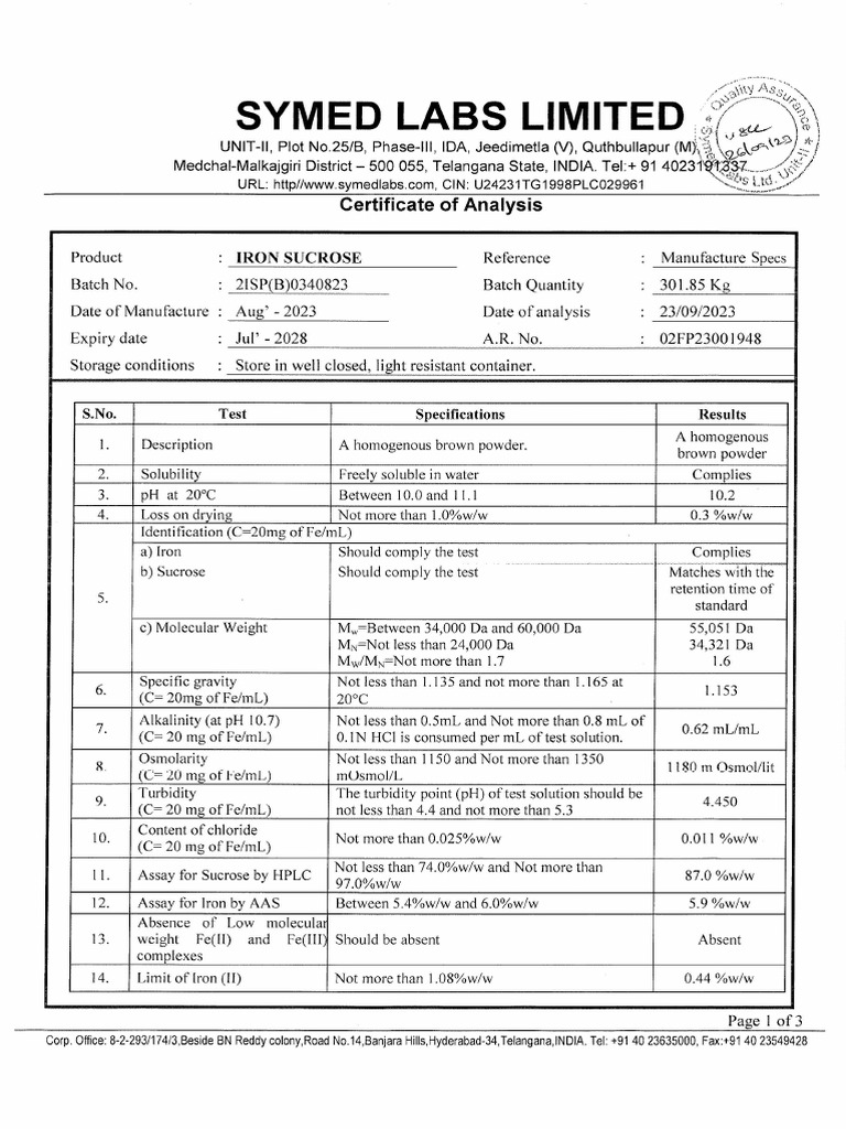 COA-Iron Sucrose (Manufacturer Specs) | PDF
