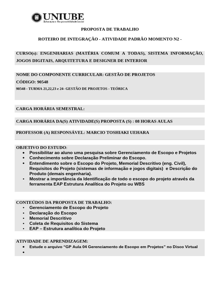 n2 - Roteiro de Estudo Gestao Projetos Momento 2 Com Trabalho 5 Pontos | PDF | Engenharia ...