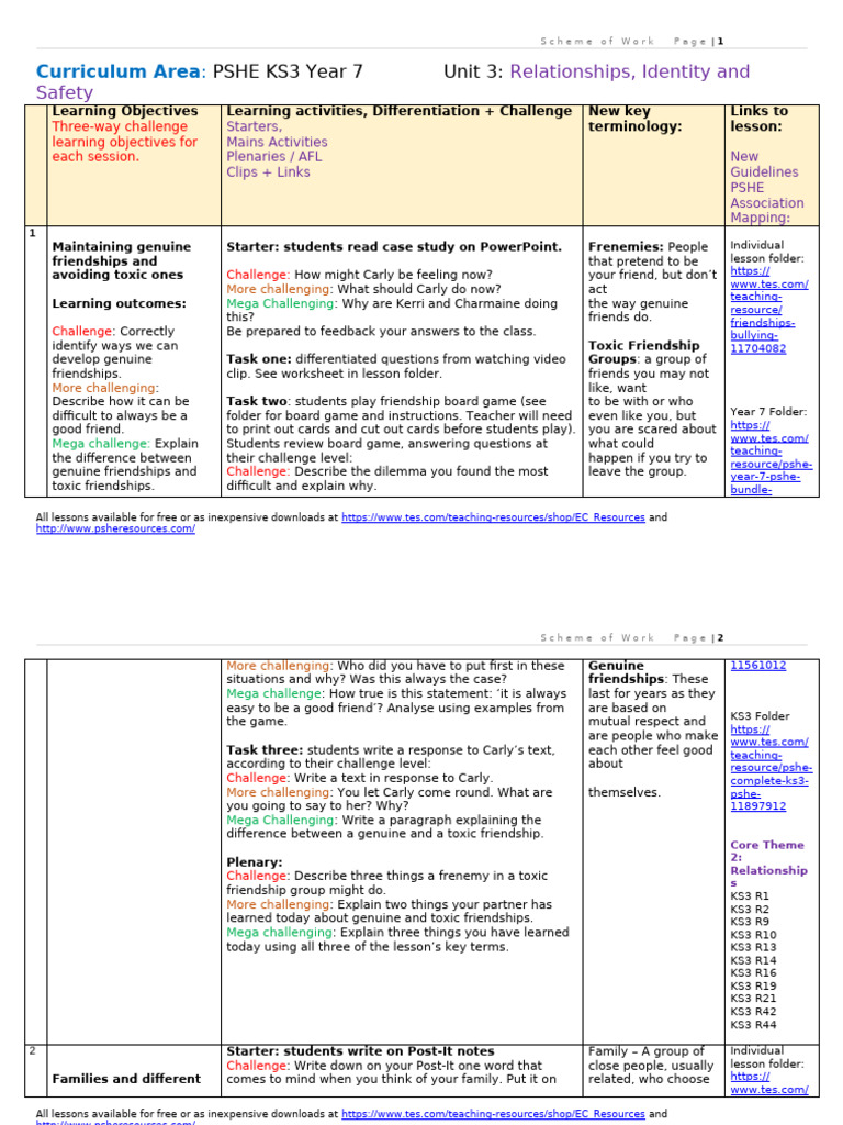 Year 7 SoW 3 - 4 Updated Pshe Assoc Links | PDF | Cyberbullying | Bullying
