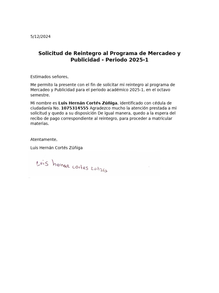 Solicitud de Reintegro 2025-1 en Mercadeo | PDF