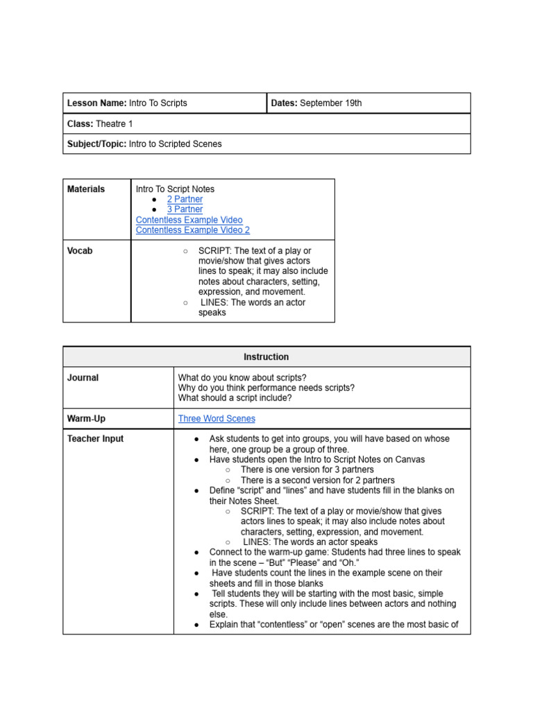 Lesson Plan - Unit 4 Intro To Scripted Scenes | PDF | Learning | Human ...
