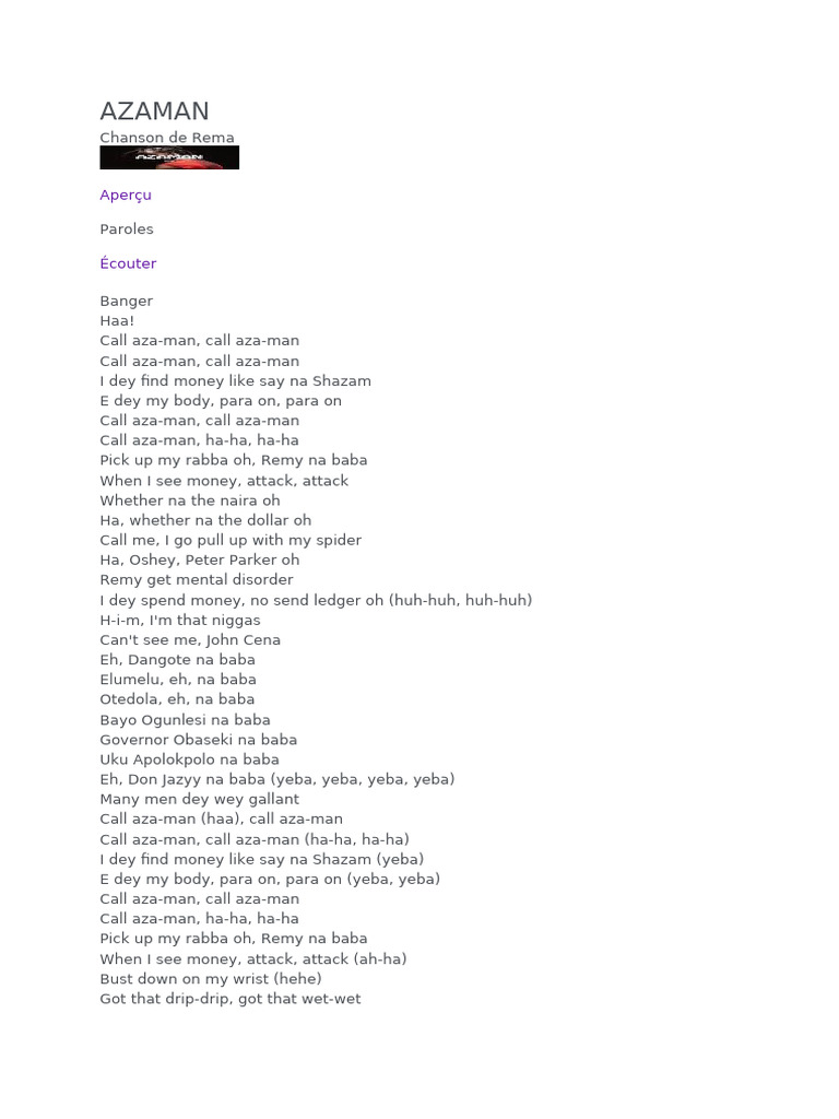 Azaman Rema Lyrics | PDF