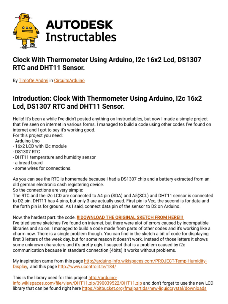 Clock With Thermometer Using Arduino, I2c 16x2 LCD, DS1307 RTC and DHT11 Sensor. - Instructables ...
