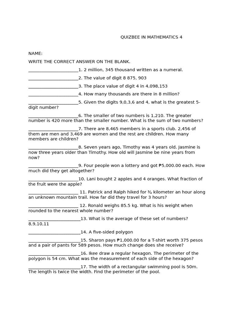 Mathematics Quizbee Questions | PDF