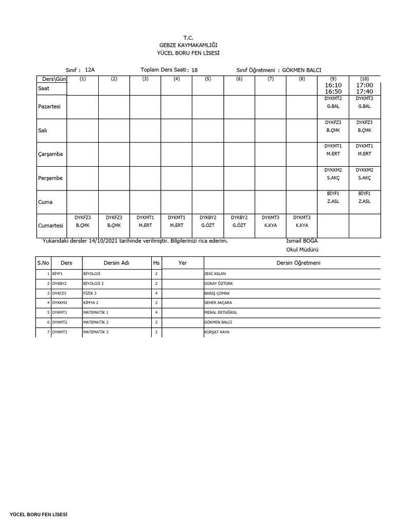 Sinif Ders Programlari | PDF