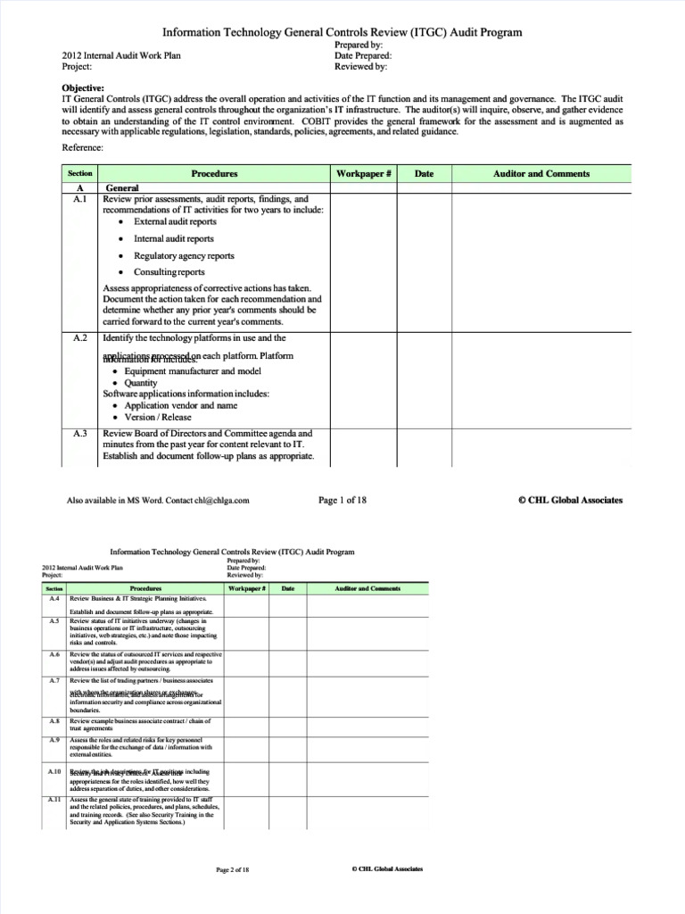 PDF Information Technology General Controls Review Itgc Audit Program Prepared by 1pdf ...