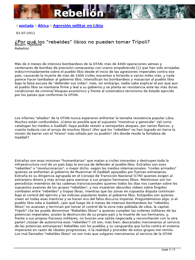 ¿Por Qué Los "Rebeldes" Libios No Pueden Tomar Trípoli?: Agresión Militar en Libia | PDF | Libia ...