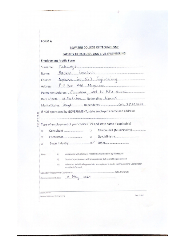 Banele Fakudze Industrial Attachment Form | PDF