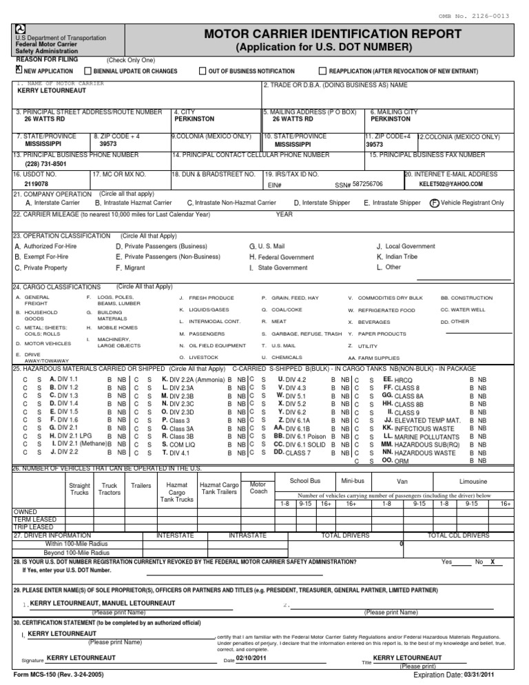 Motor Carrier Identification Report: (Application For U.S. DOT NUMBER ...
