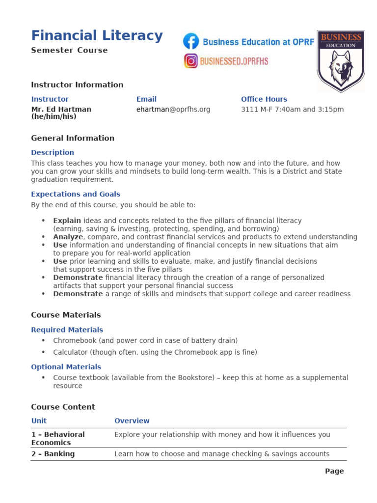 Financial Literacy Syllabus - 2025 Spring Semester - Hartman | PDF ...