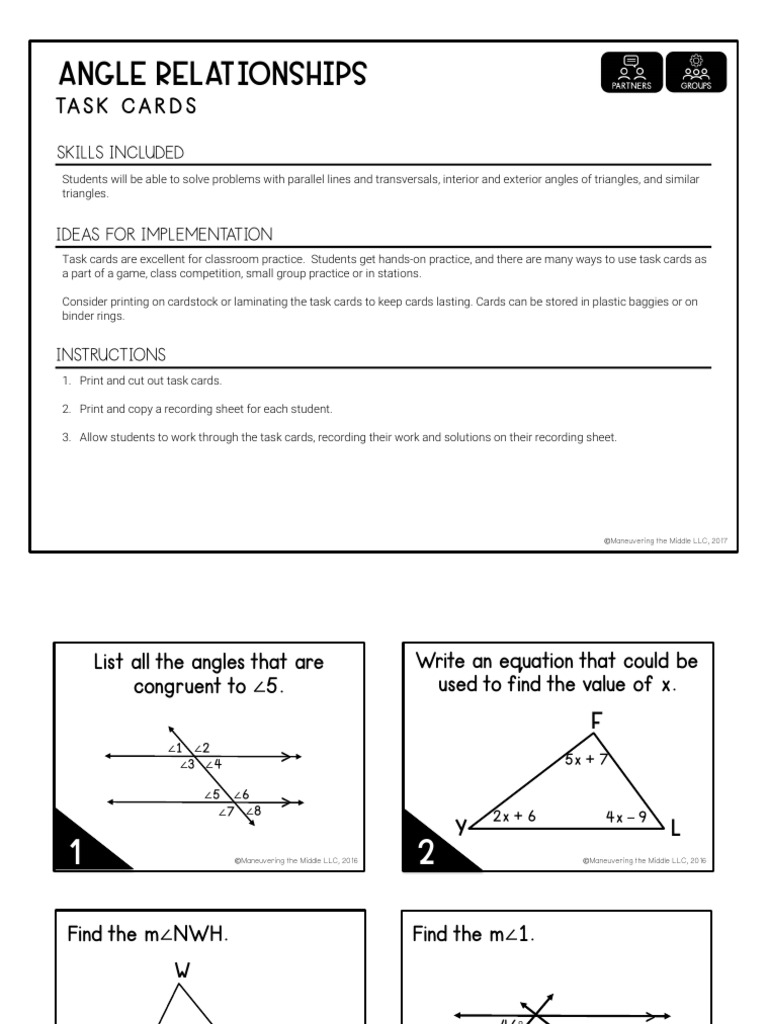 Angle Relationships Unit Review - Task Cards | PDF | Triangle | Angle