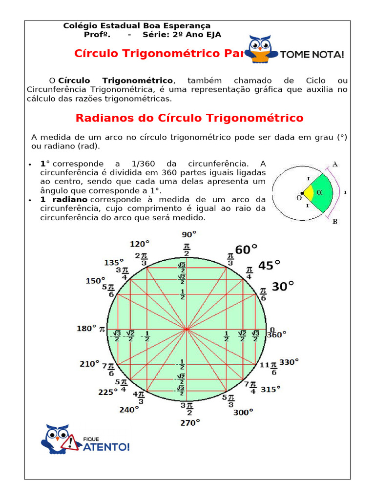 Círculo Trigonométrico: Medidas e Exercícios | PDF | Trigonometria | Curva