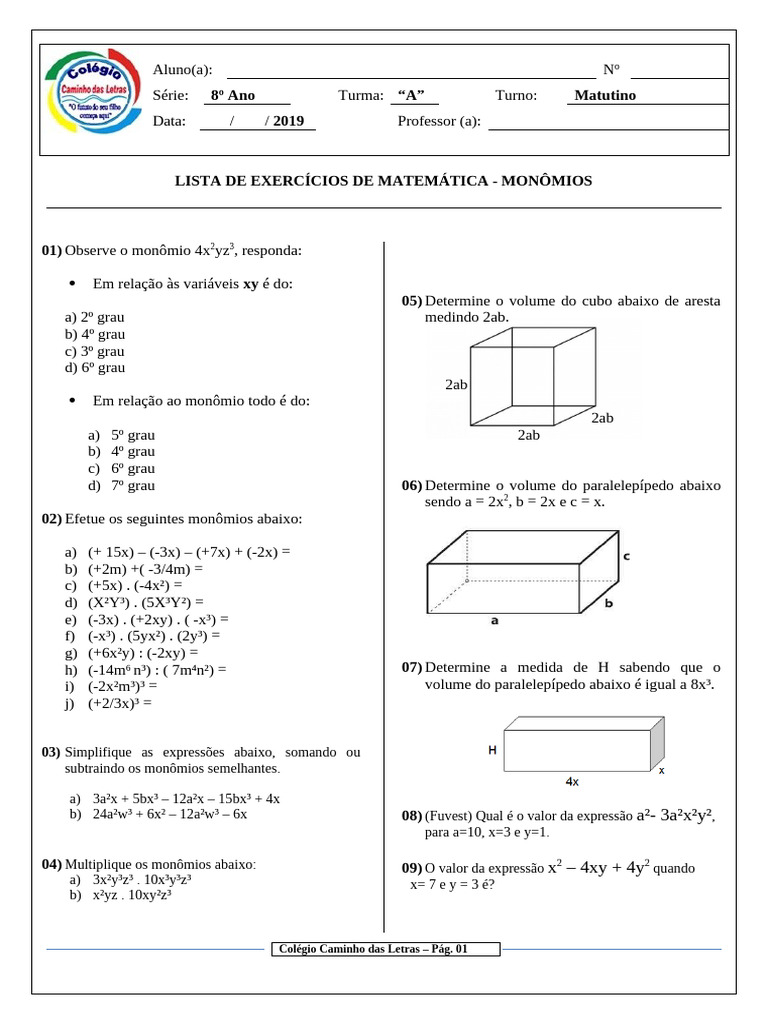 Exercícios 8º Ano - Monômios | PDF