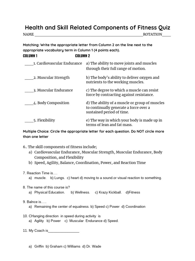 Health and Skill Related Components of Fitness Quiz | PDF