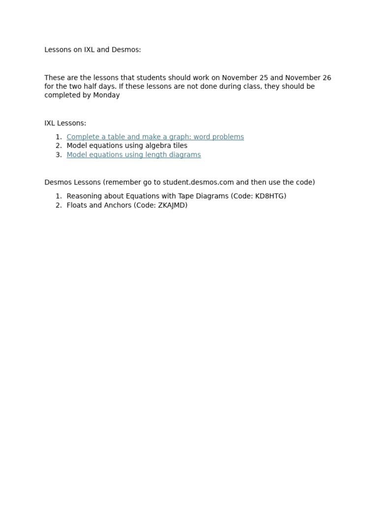IXL and Desmos Lessons for Nov 25-26 | PDF