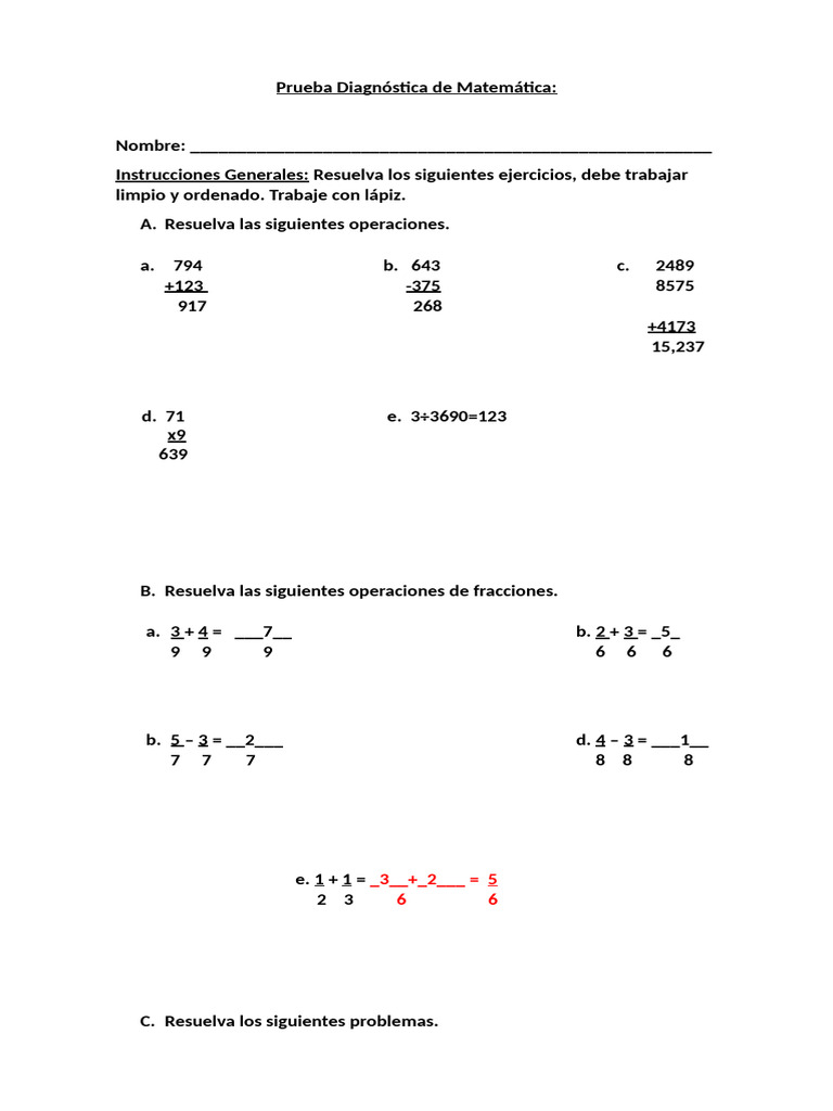 Prueba Diagnóstica de Matemática | PDF