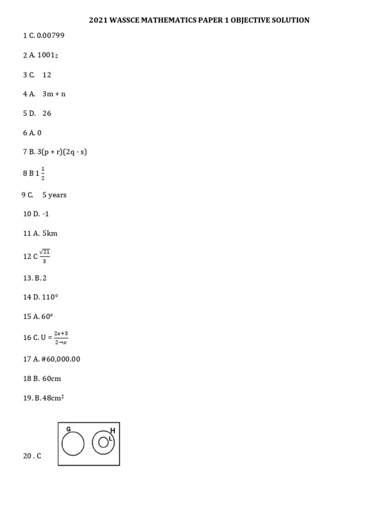 2021 Wassce Mathematics Paper 1 Objective Solution | PDF