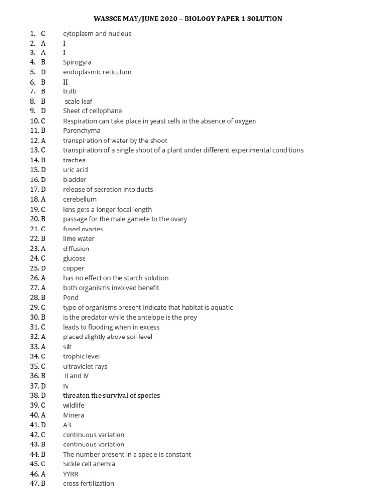WASSCE 2020 Biology Paper 1 Solutions | PDF