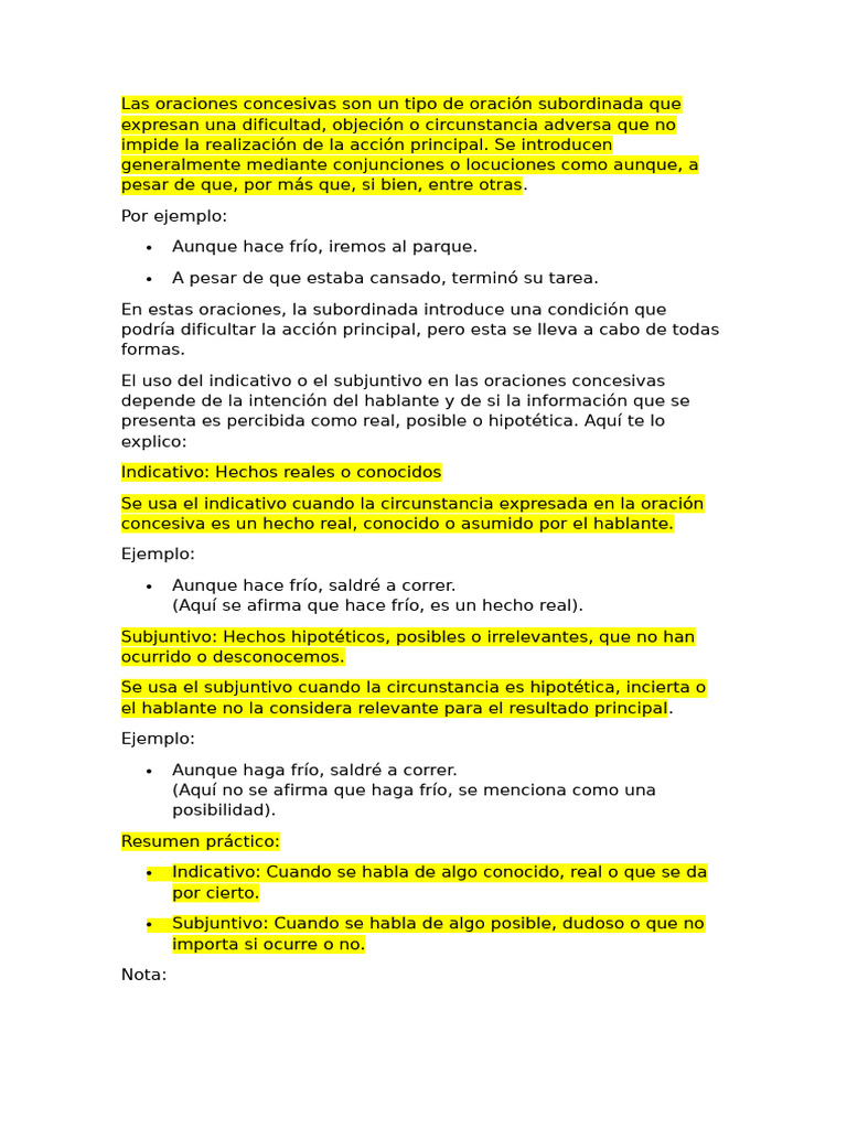 Las Oraciones Concesivas Son Un Tipo de Oración Subordinada Que ...