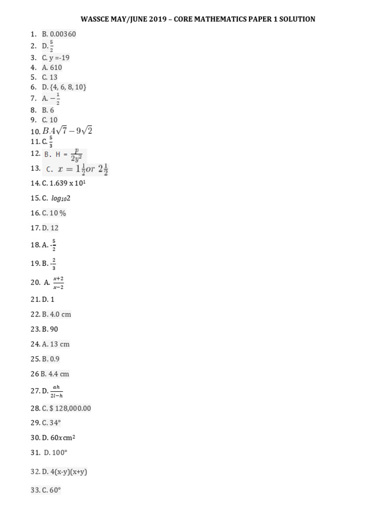 2019 Wassce May-June - Core Mathematics Paper 1 Solution | PDF
