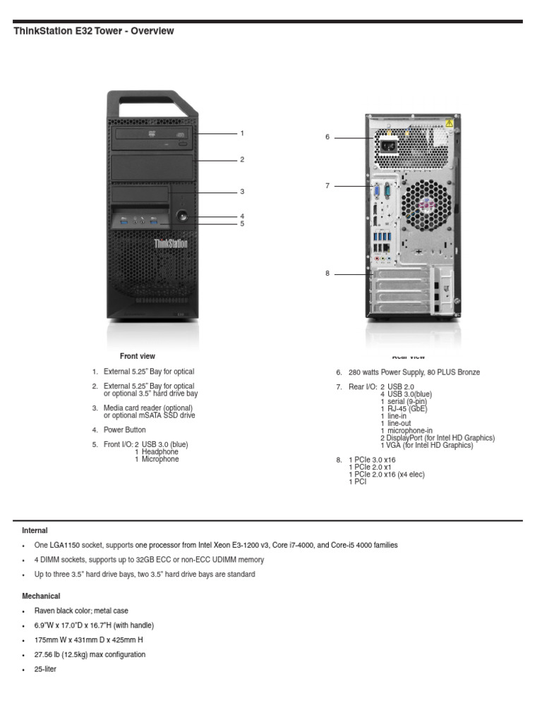 Thinkstation E32 Tower - Overview: Front View Rear View | PDF | Computer Science | Computer ...