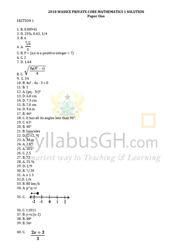 2018 Wassce Private Core Mathematics 1 Solution | PDF