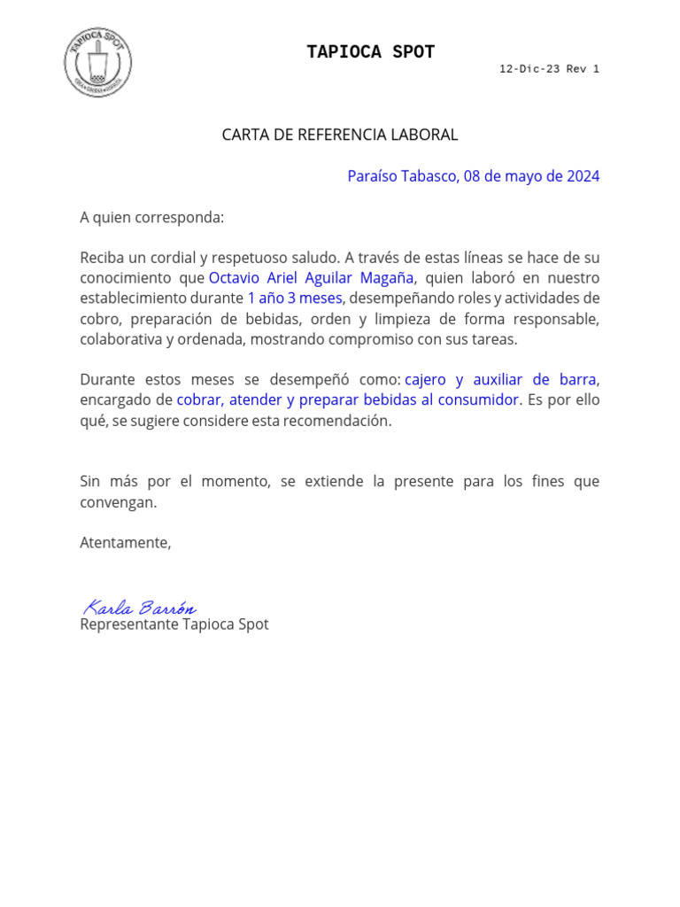 Carta de Referencia Laboral Octavio Ariel | PDF