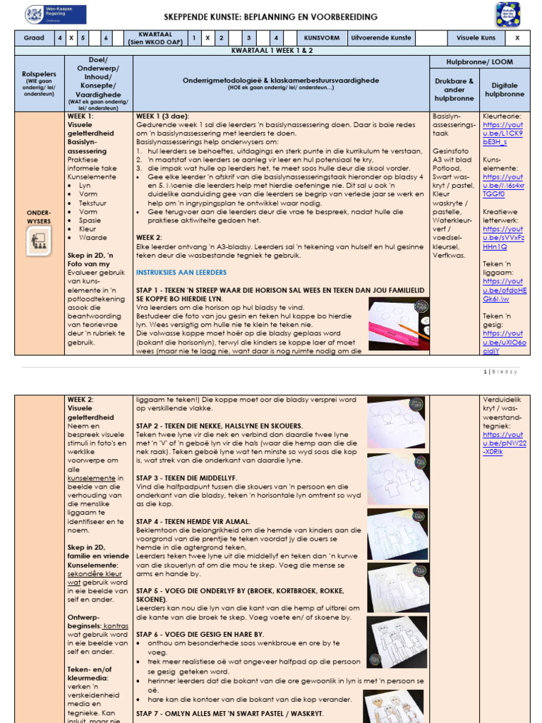 Lesplan GR 4 Skeppende Kunste Visuele Kuns K1 W1&2 | PDF