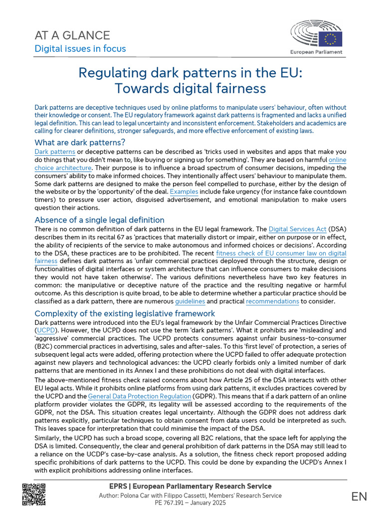 EU Regulation of Dark Patterns Explained | PDF | Artificial ...