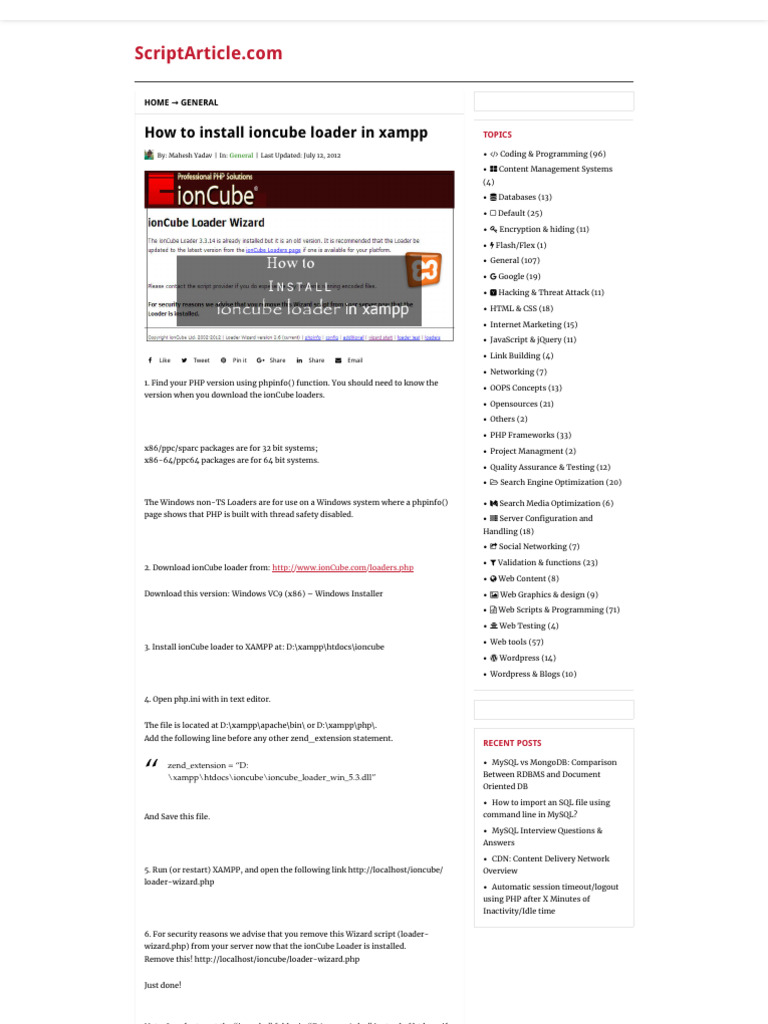 How to install ioncube loader in xampp | PDF | Php | Word Press