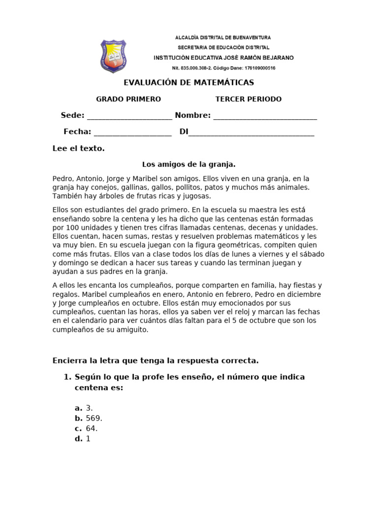 EVALUACIÓN DE MATEMÁTICAS GRADO 1ro TERCER PERIODO2024 Ma.C. | PDF