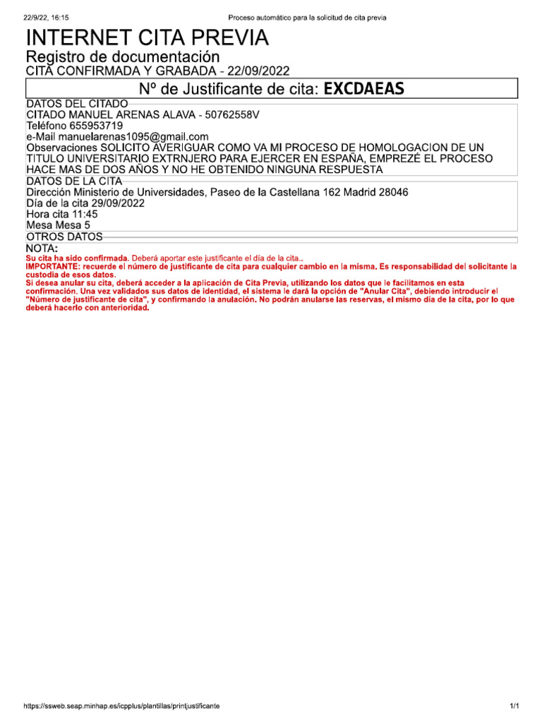 Confirmacion Cita Homologacion | PDF