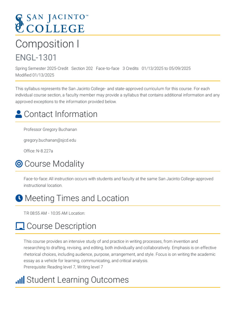 Composition I ENGL 1301 Spring Semester 2025 Credit | PDF | Critical ...