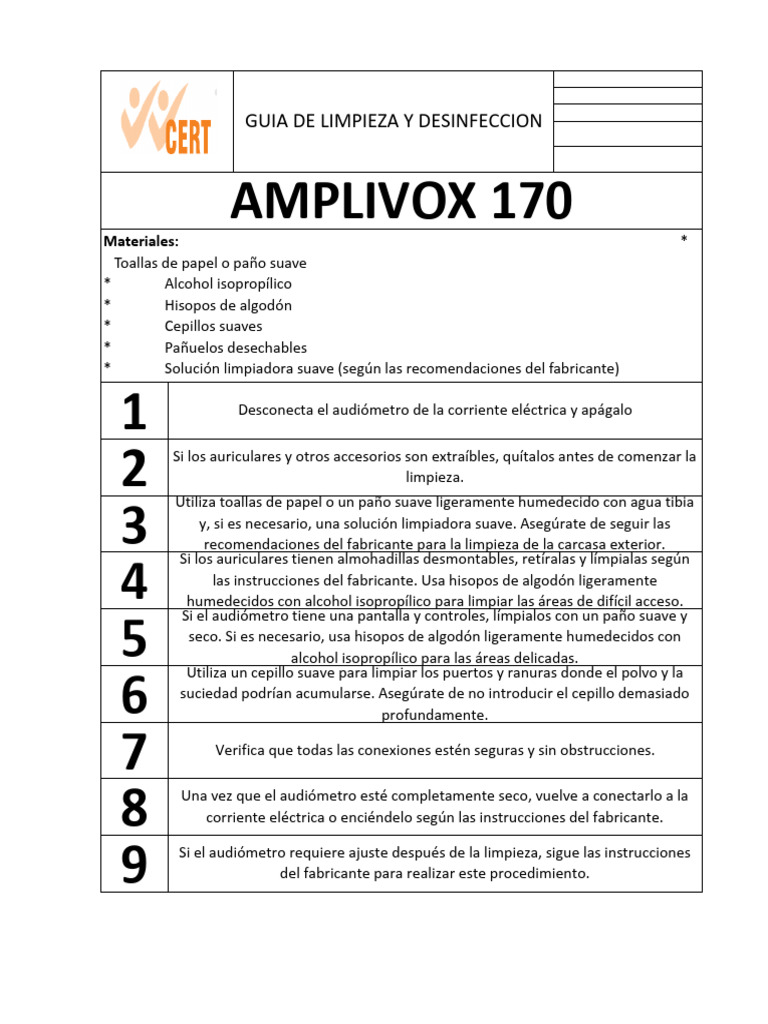 Guía de Limpieza Audiómetro Amplivox 170 | PDF