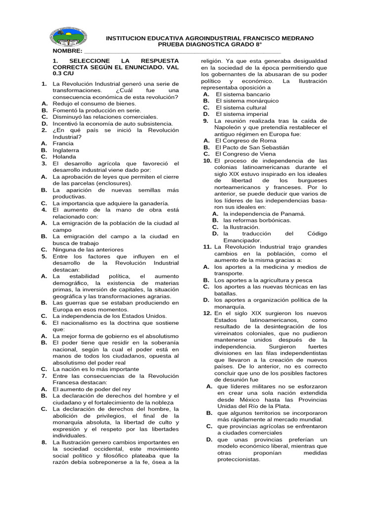 Prueba Diagnóstica Historia 8° Medrano | PDF | Francia | Era de iluminacion