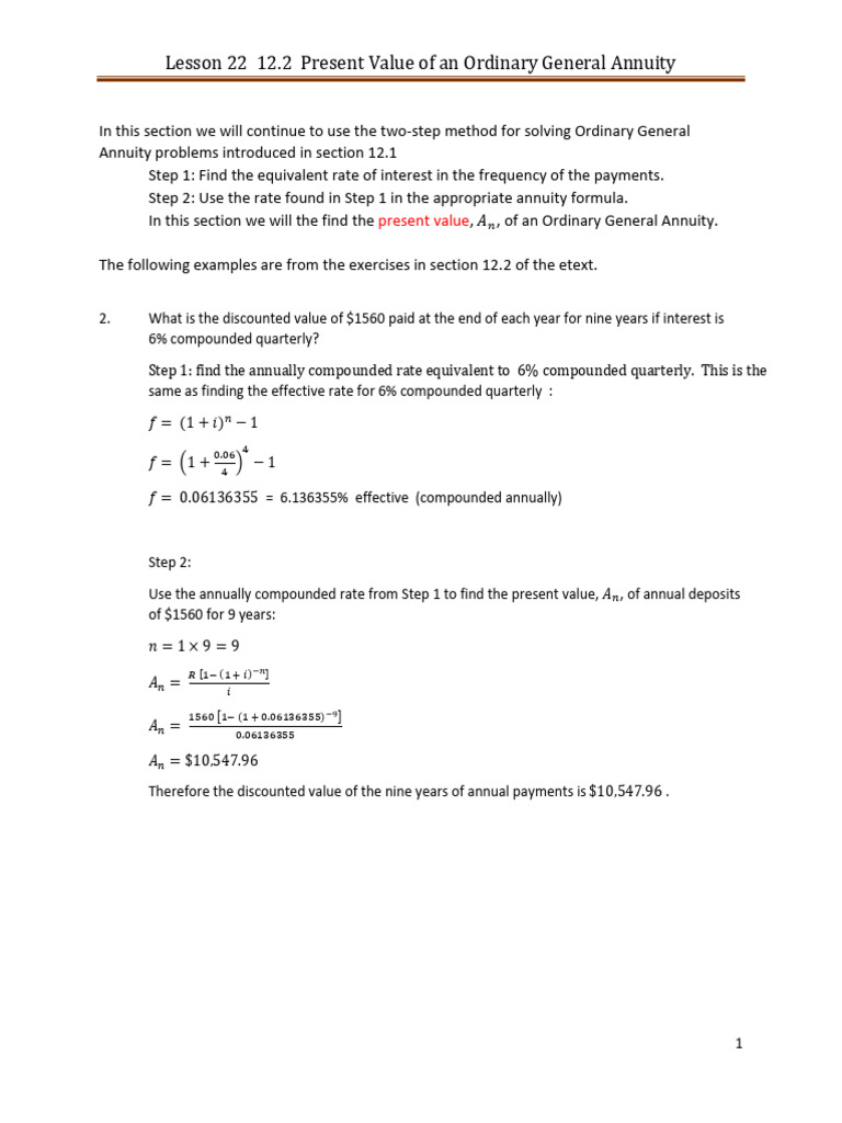 Lesson 22 - 12.2 Present Value of An Ordinary General Annuity | PDF | Present Value | Interest