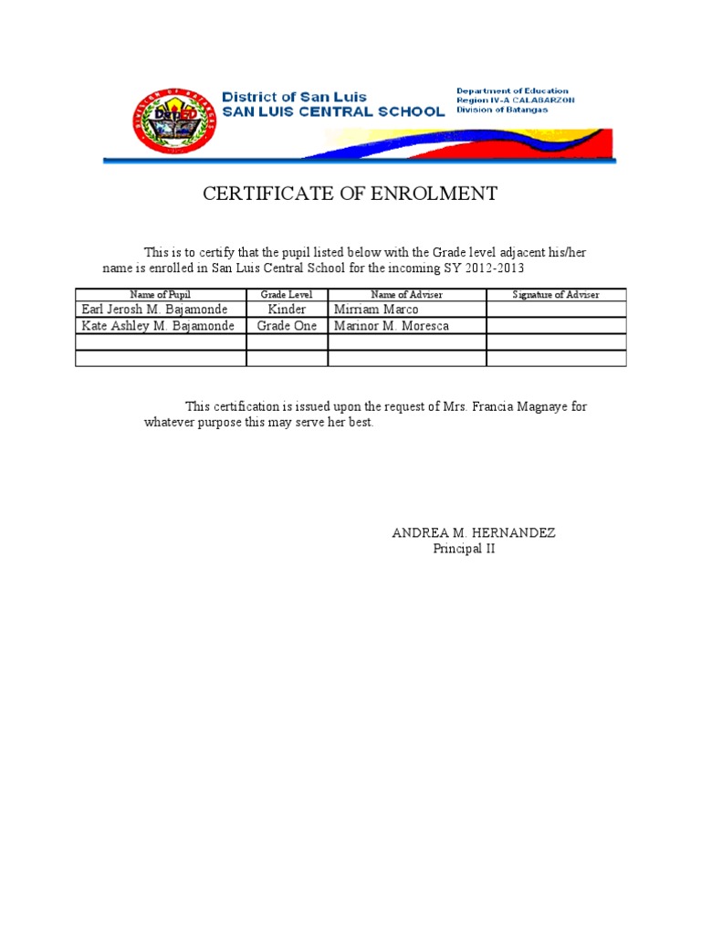 San Luis Central School Enrollment Certificates | PDF