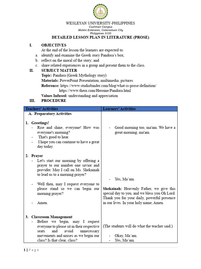 Detailed Lesson Plan in Literature | PDF | Prometheus | Zeus