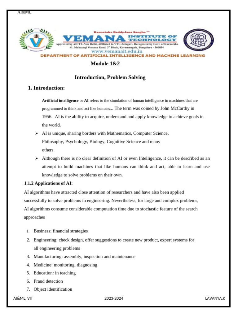 AI Module 1, 2 Notes 7 TH Sem Updated | PDF | Machine Learning ...