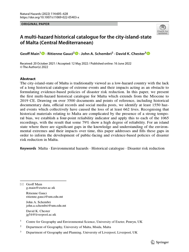 A Multi-Hazard Historical Catalogue For The City-Island-State of Malta ...