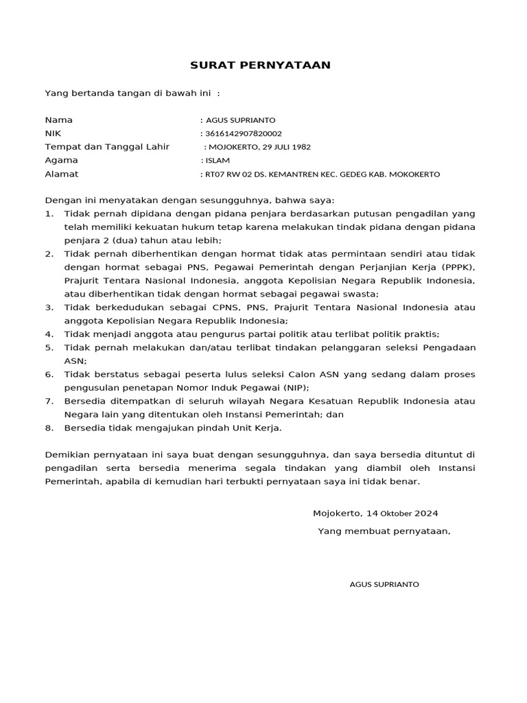 Surat Pernyataan Agus Suprianto | PDF