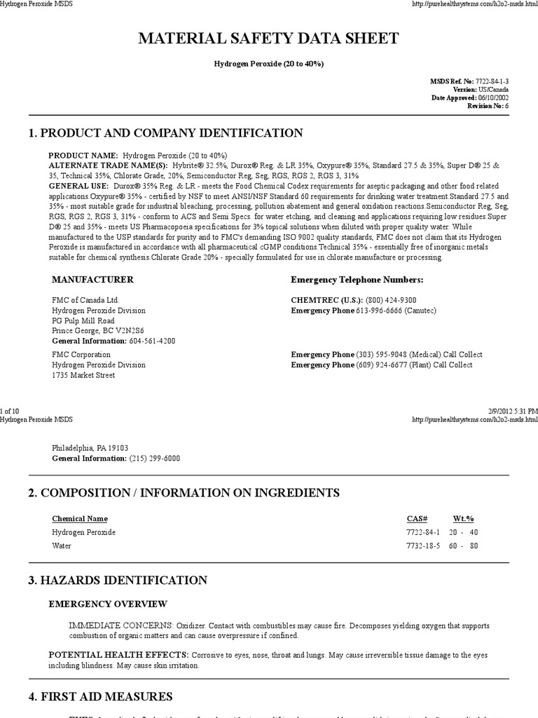 Hydrogen Peroxide MSDS | Hydrogen Peroxide | Peroxide