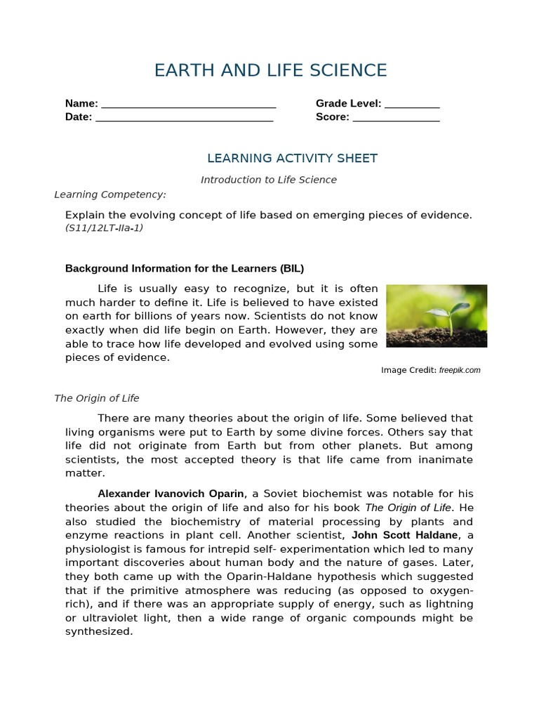 Intro To Life Science Activity | PDF | Cell (Biology) | Abiogenesis