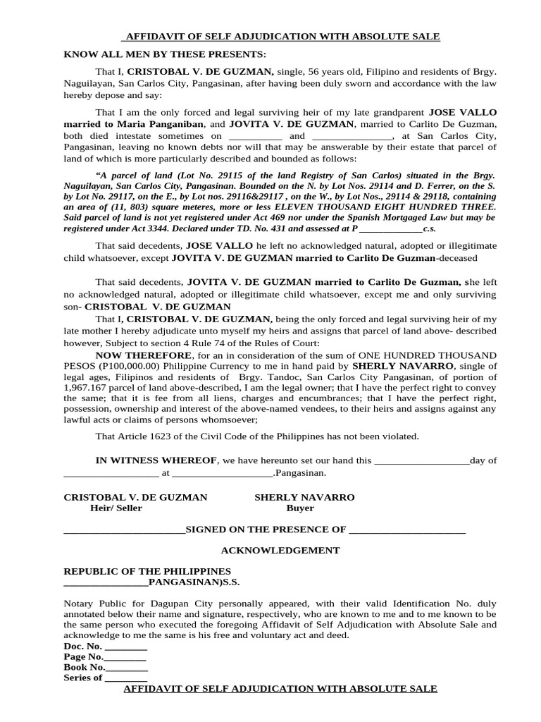 DEED OF SELF ADJUDICATION WITH ABSOLUTE SALE- tobal (Autosaved) | PDF ...