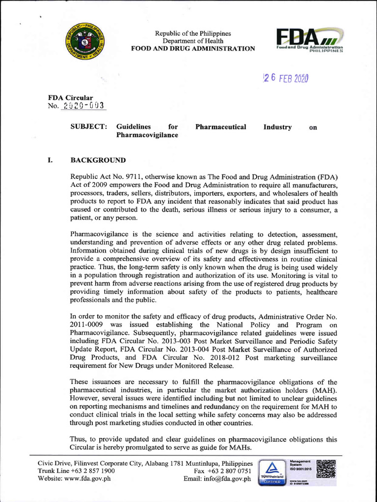 FDA Circular No. 2020-003 - Guidelines For Pharmaceutical Industry On ...