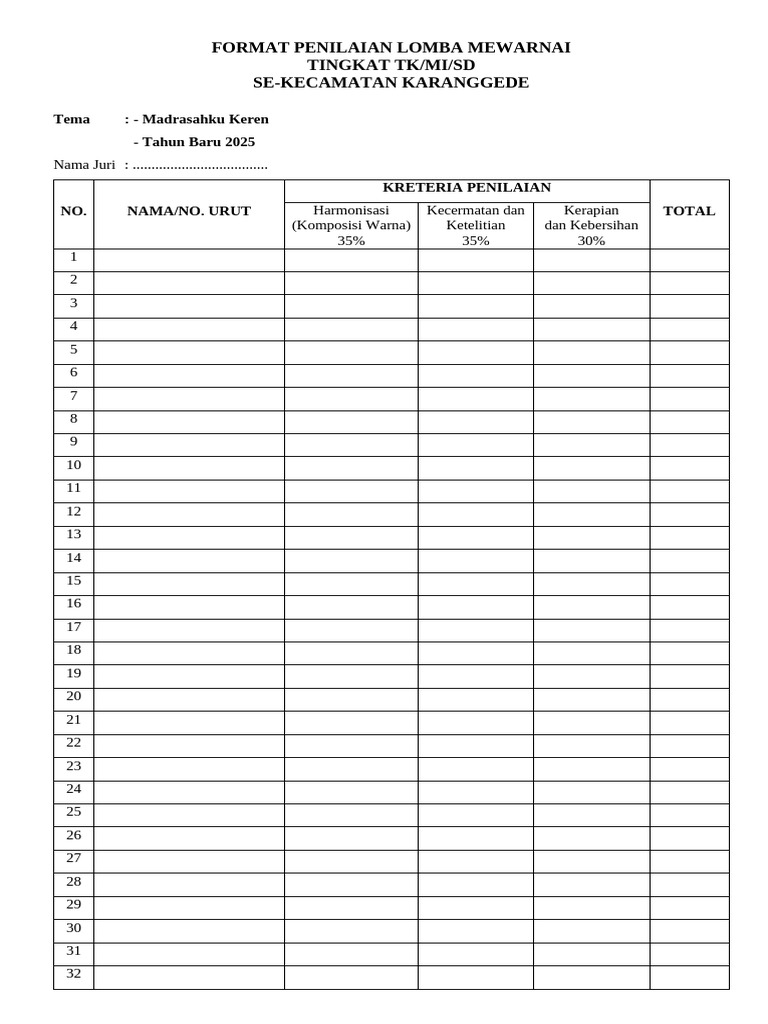 Format Penilaian Lomba Mewarnai | PDF