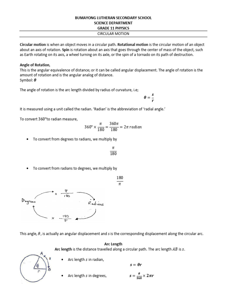 Circular Motion Lesson Notes | PDF | Rotation Around A Fixed Axis | Angle
