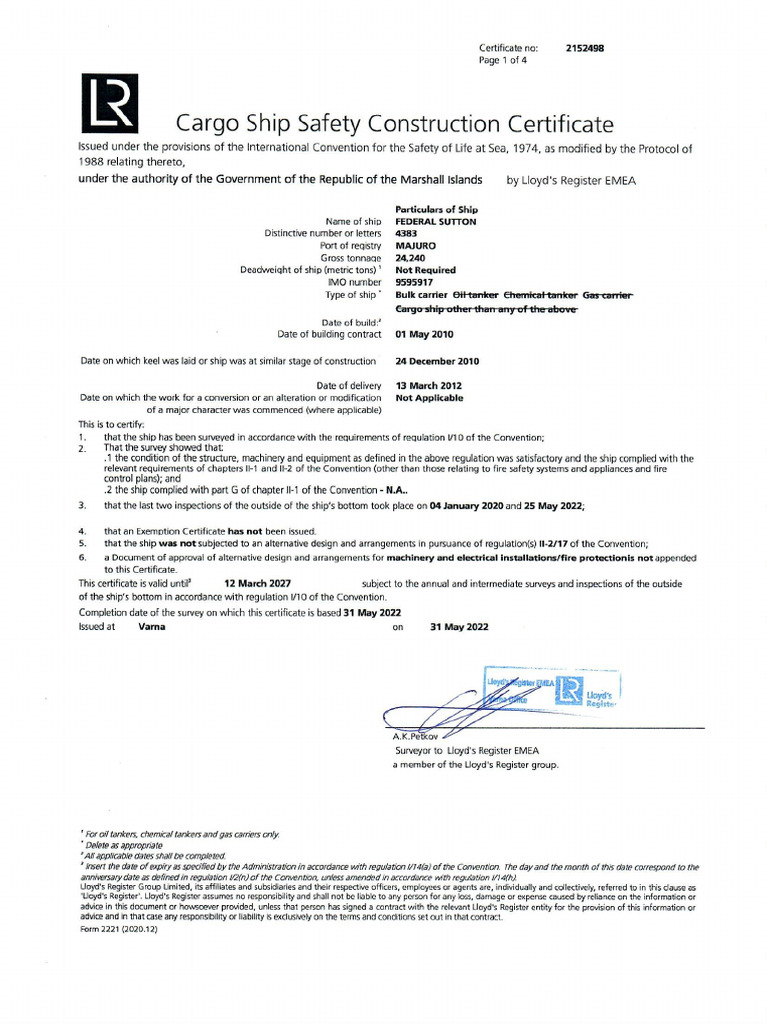 1 Cargo Ship Safety Construction Certificate | PDF