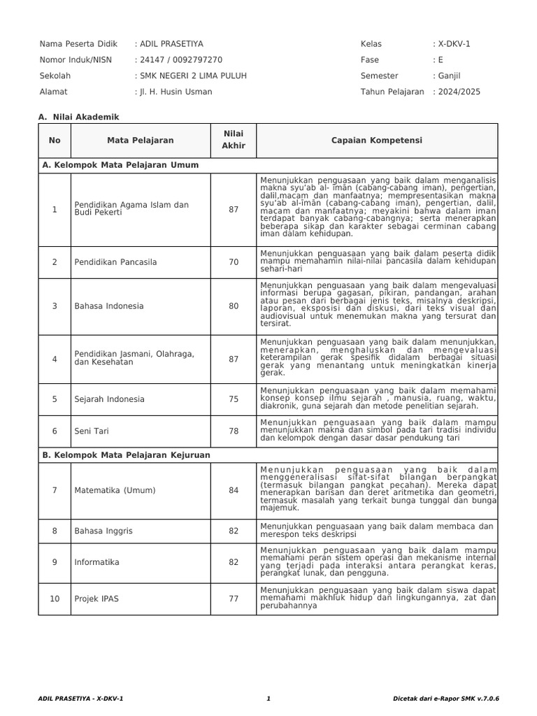 Rapor Akademik Adil Prasetya X-DKV-1 | PDF