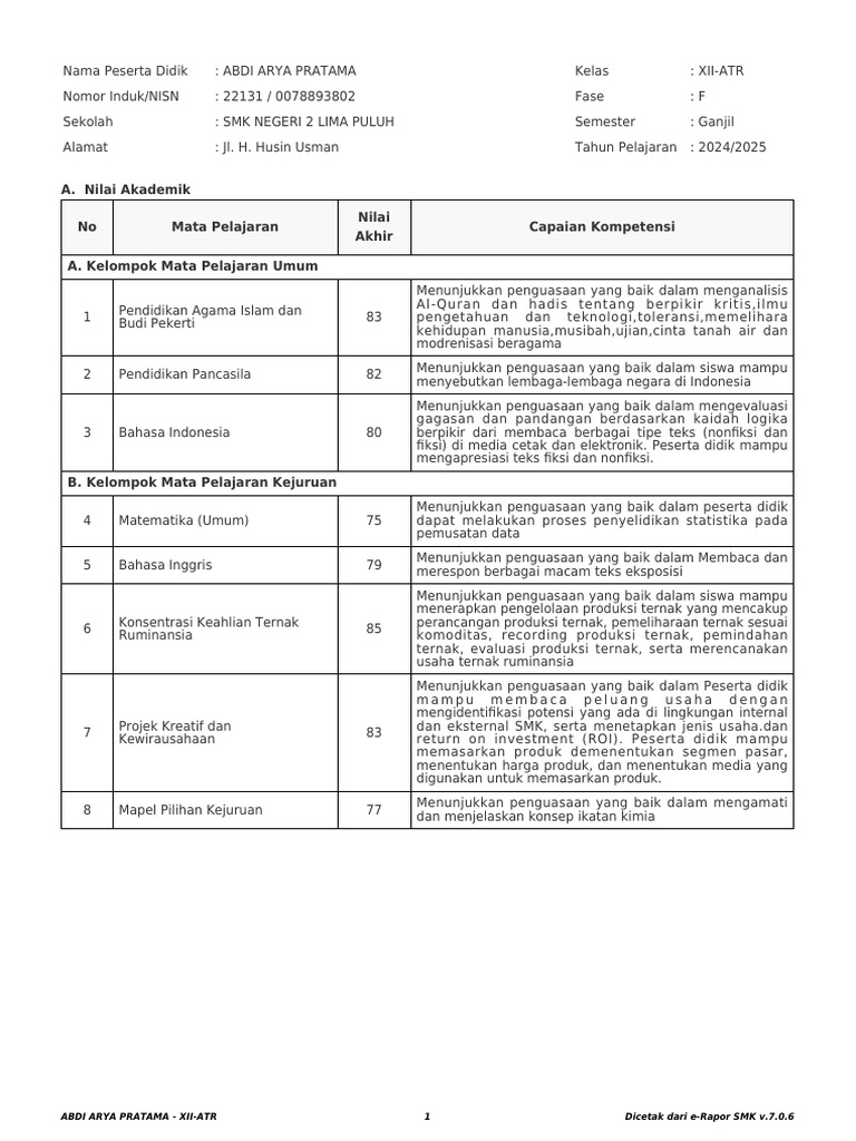 Rapor Abdi Arya Pratama - Xii-Atr | PDF
